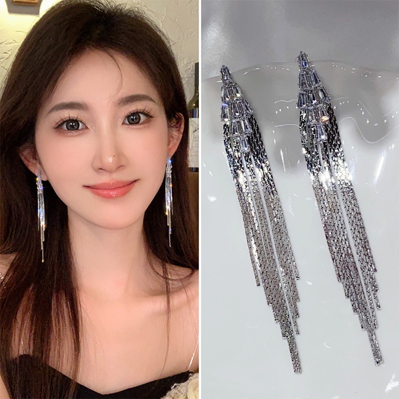 S925 Silver Needle Flash Diamond Tassel Long Earrings Silver Metal Flow ...