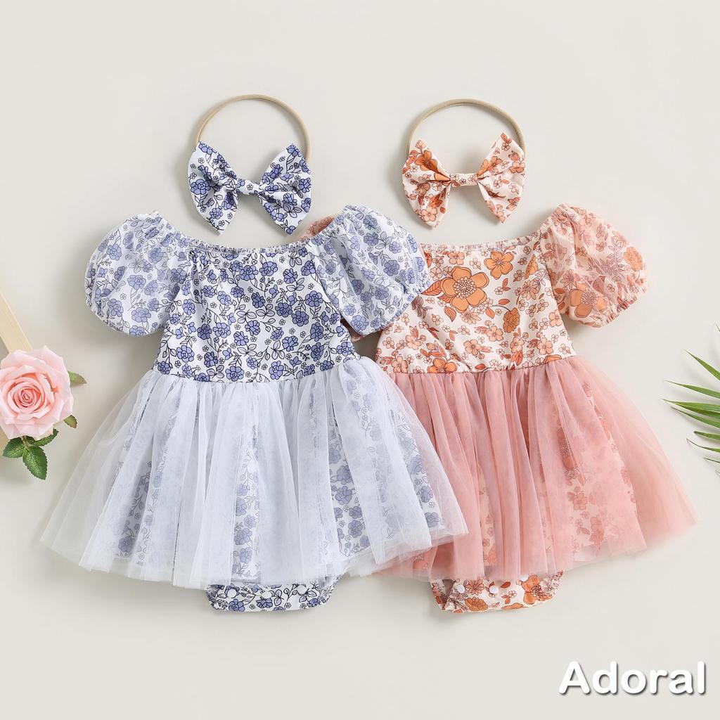 ADORAL-Baby Girls Romper Dress Flower Print Boat Neck Short Puff Sleeve Jumpsuits Tulle Skirt ...