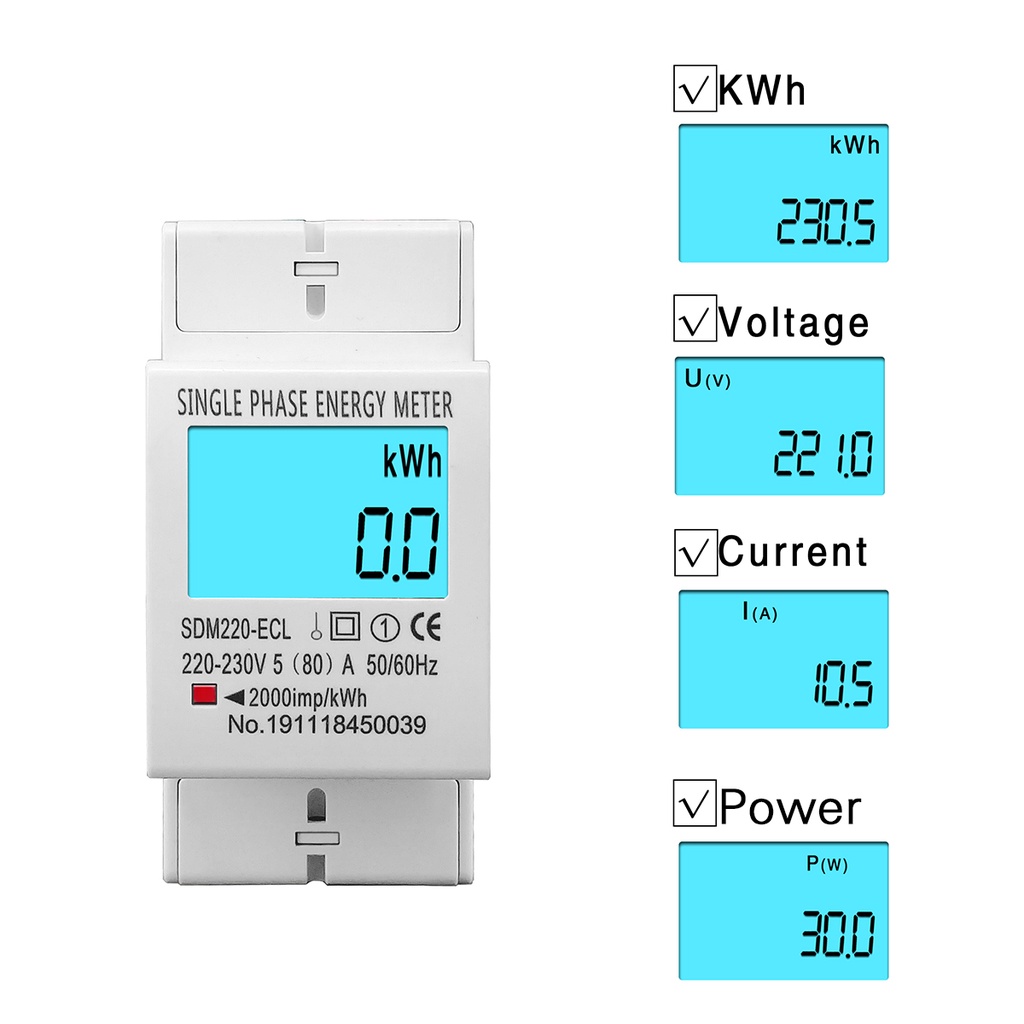 80A Din rail Single Phase Two Wire LCD Digital Display Power ...