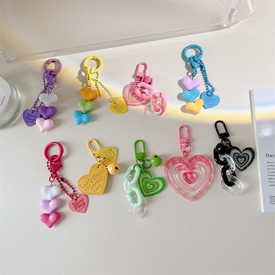 Acrylic Heart Pendant Keychain With Bell Creative Colorful Plastic Link ...