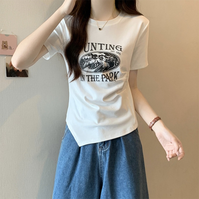 Threaded cotton irregular short-sleeved T-shirt women's summer new ...