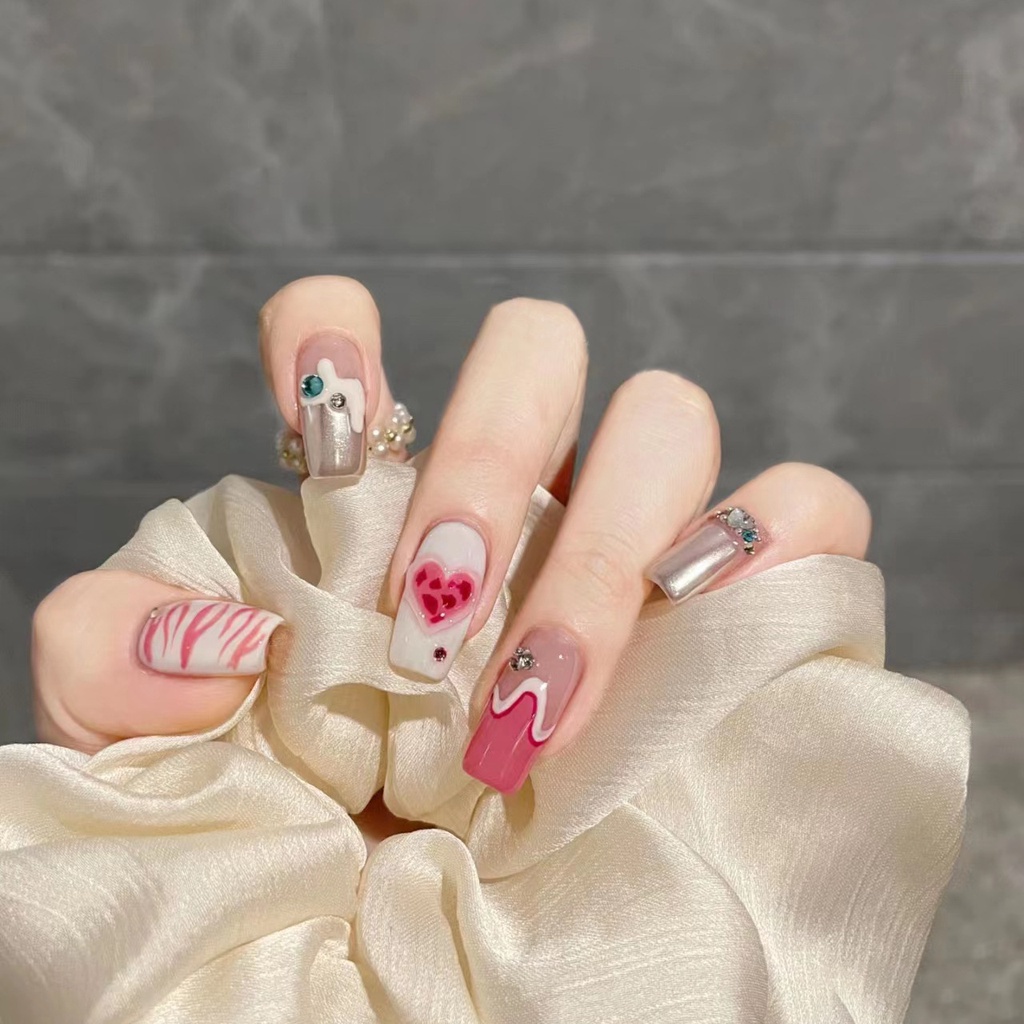 [HANDMADE]Artificial Nail pink flame babes magic mirror heart hand ...