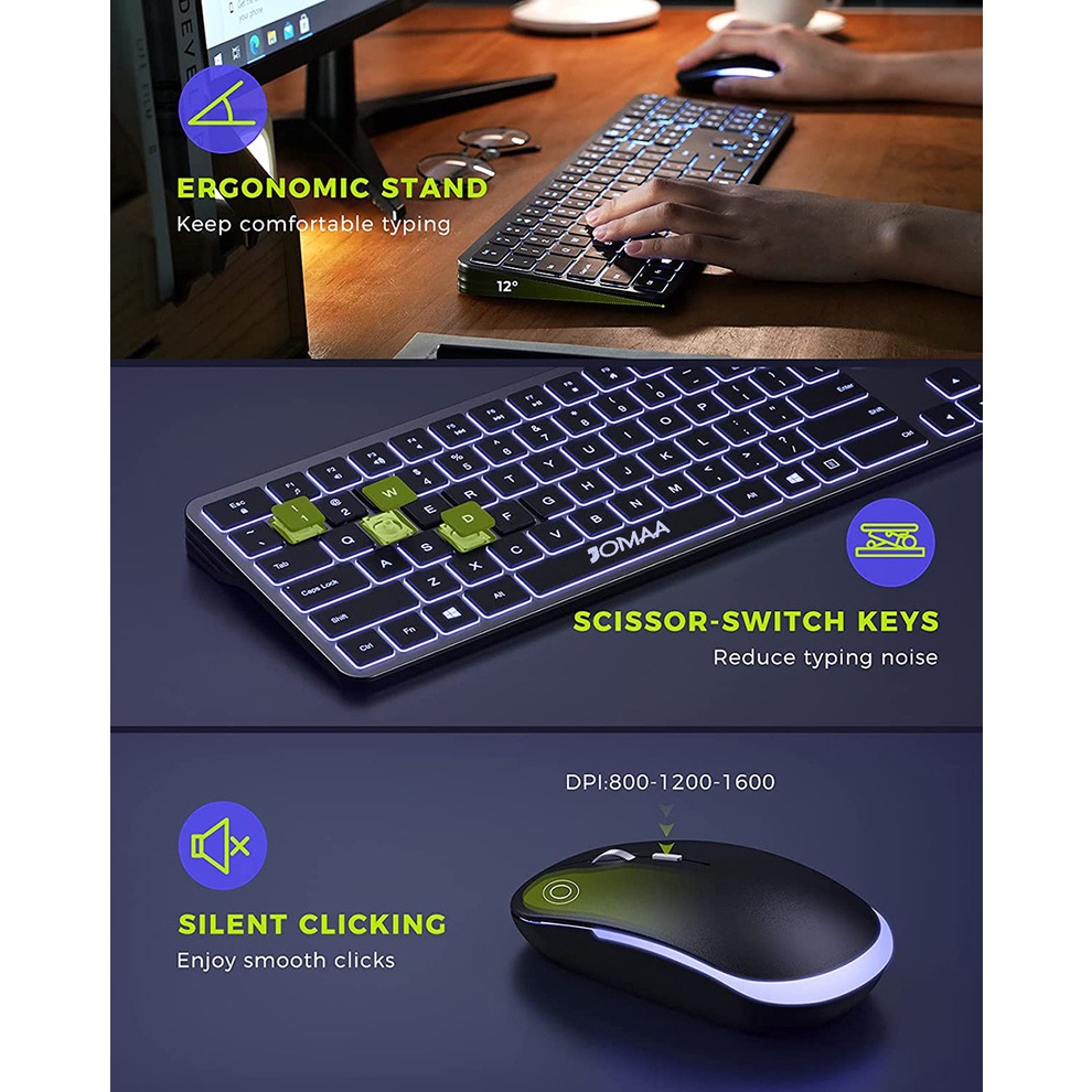 JOMAA Ultra Slim Wireless Backlit Keyboard and Mouse Combo 2.4G USB ...