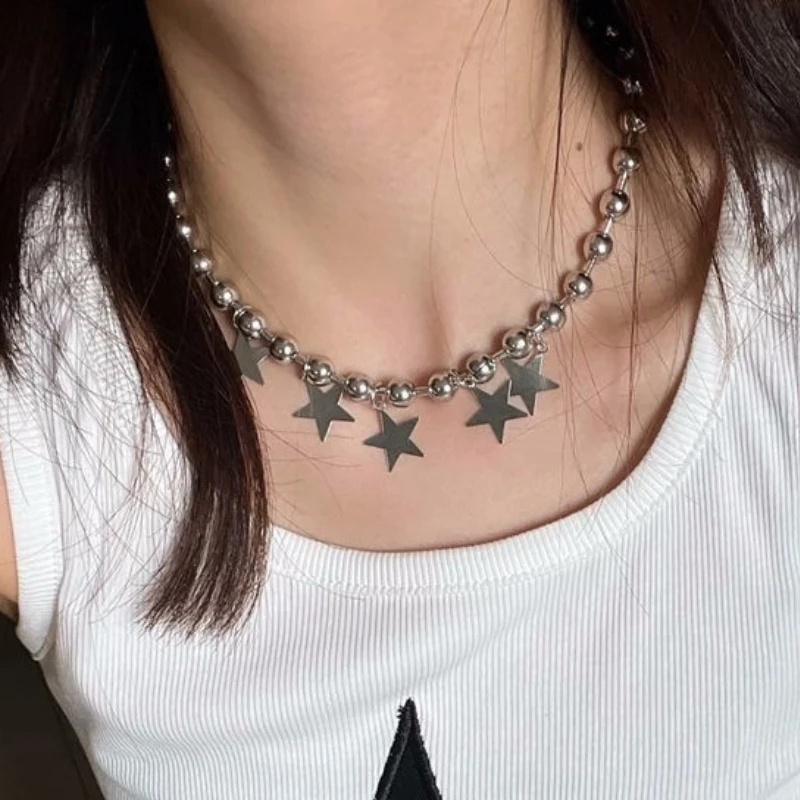 Y2k Personality Round Beads Pentagram Pendant Necklaces/ Simple Silver ...