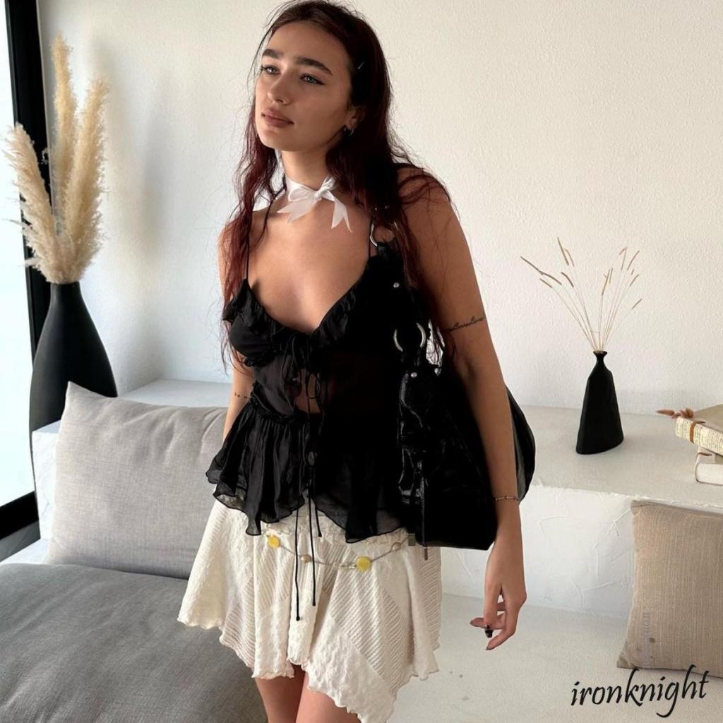 ironknight-y2k Ins Women Solid Color See Through V Neck Ruffle Hem Vest | Shopee Philippines