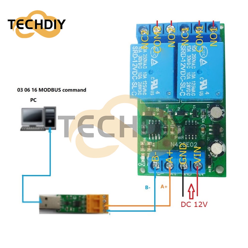 12V DC 2ch RS485 Modbus RTU Relay Module UART Serial Port Power Switch ...