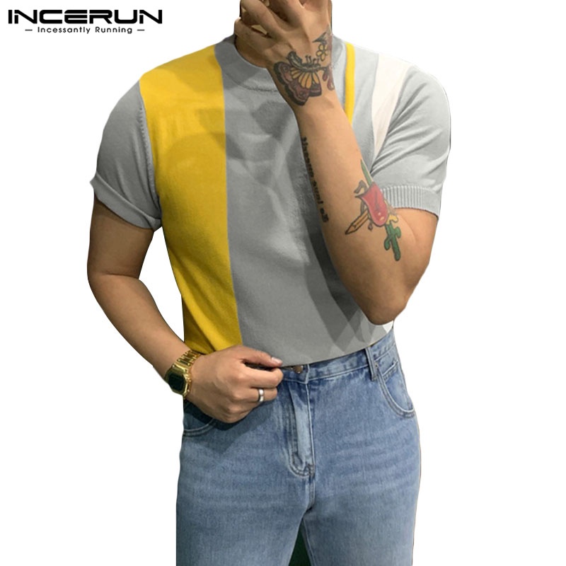 INCERUN Men's Fashion Tri Color Stripe Printed Short Sleeve T-shirt ...