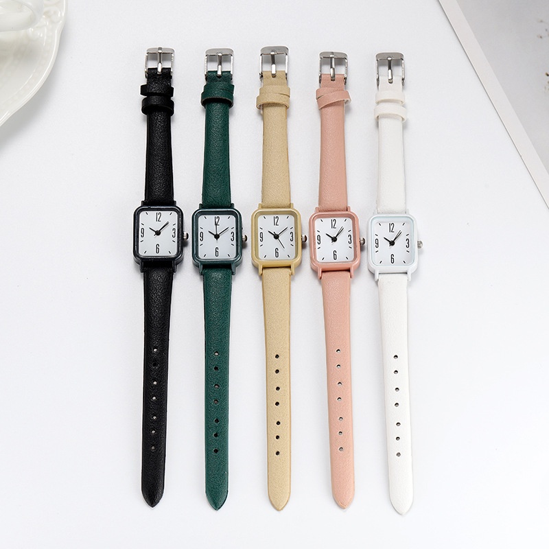 Korean Women's Leather Strap Small Square Watch Simple Retro Quartz ...