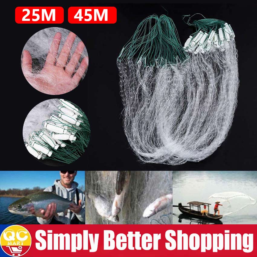 25/45M Hand Cast Fishing Net Single Layer Fish Gillnet with Float Trap ...