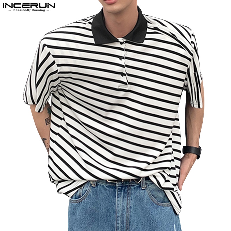 INCERUN Men's Fashion Polo with Diagonal Stripe Contrast Short Sleeve ...