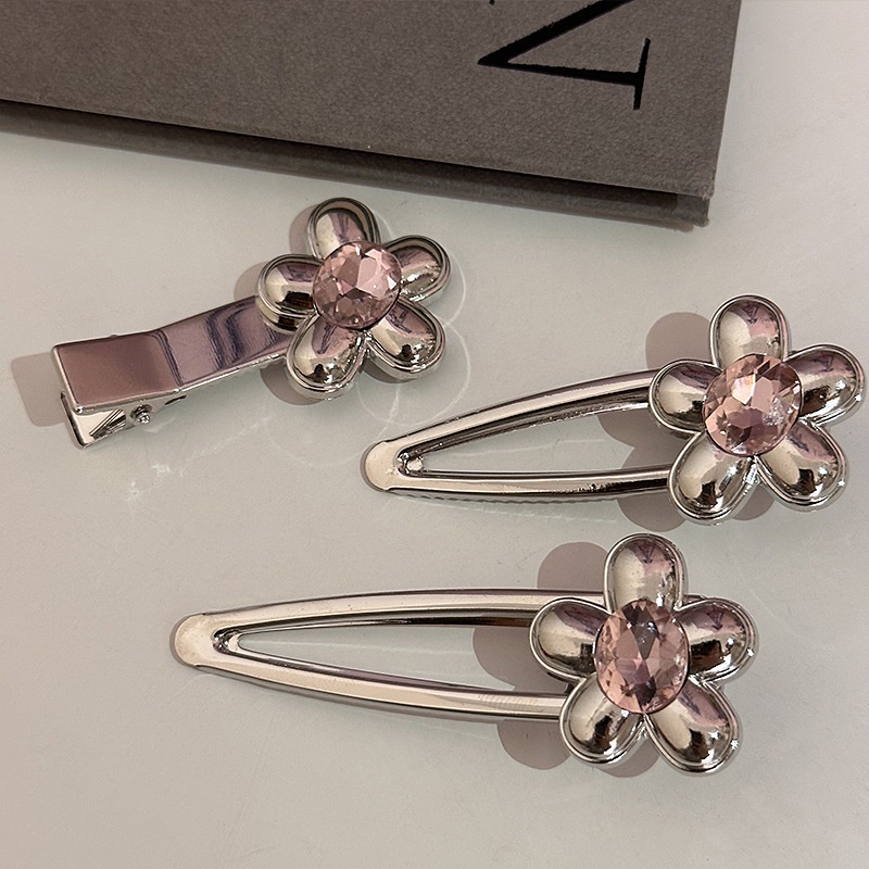 Pink Sweet Rhinestone Flower Hair Clip Metal Side Girl Shining ...