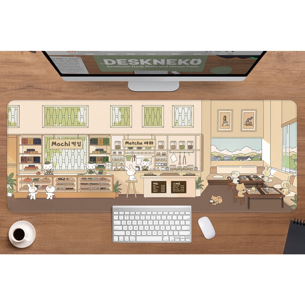Kawaii Desk Mat, Cute Mousepad, Korean Matcha Tea Cafe, Mochi green ...