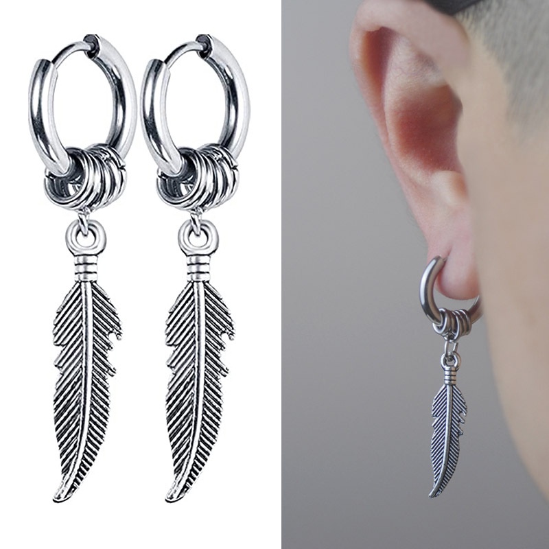 Popular Feather Hoop Earrings Cool Fashion Stainless Steel Stud ...