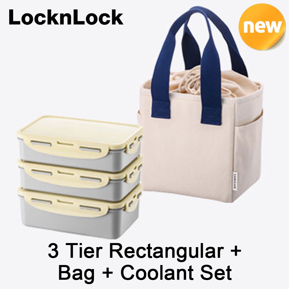 LocknLock 3 Tier Rectangular Lunch Box Coolant Set with Cotton Bag ...