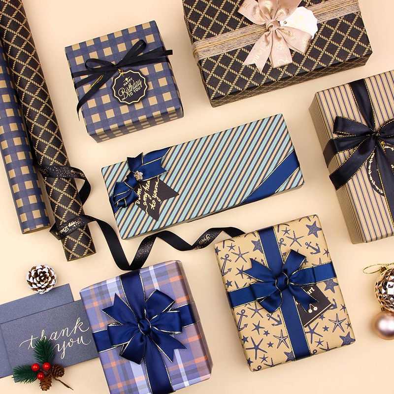 Dreamerhouse Blue Plaid Simple Retro Kraft Paper Wrapping Paper Men's ...