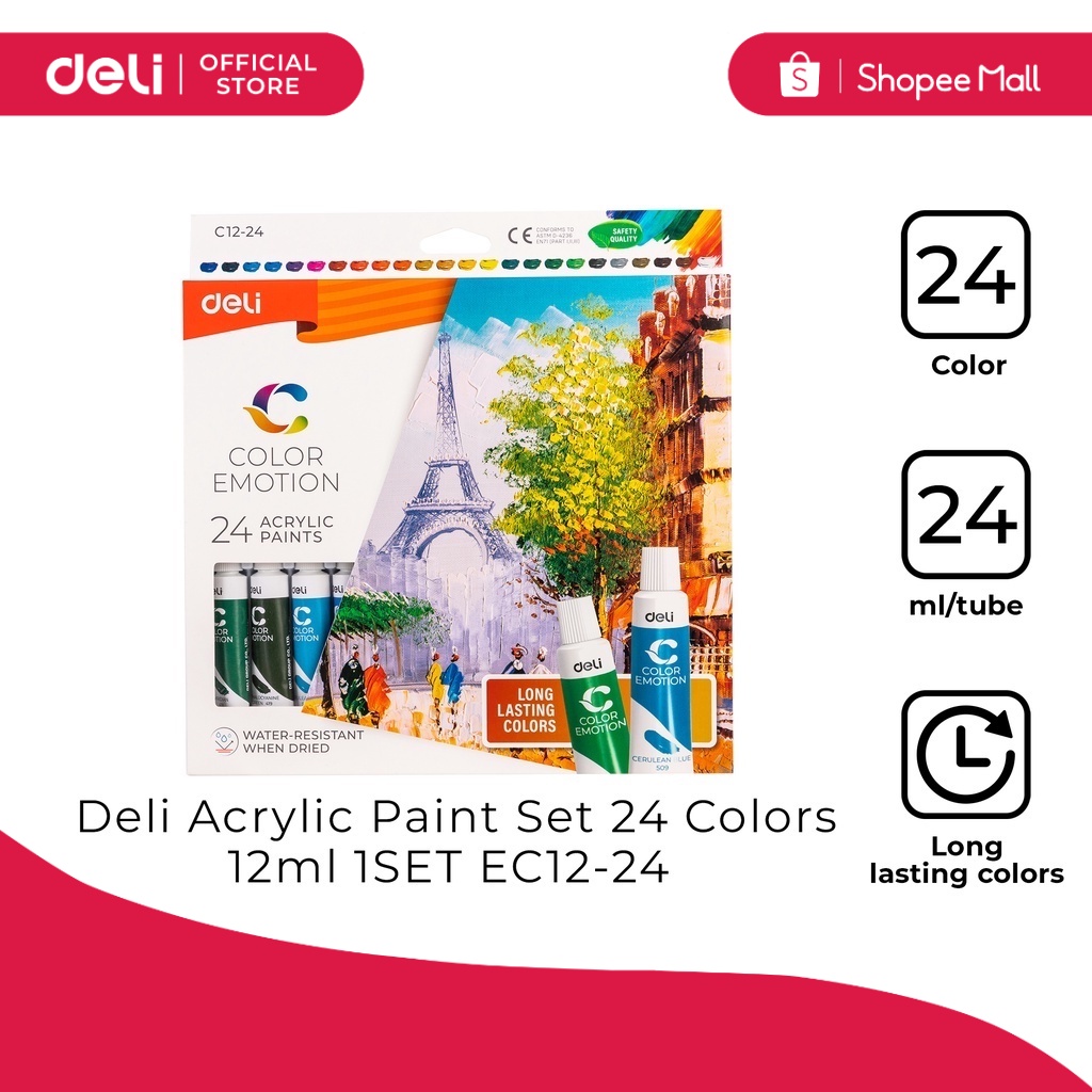 Deli EC12-24 Acrylic Paint Set 24 Colors 12ml | Shopee Philippines