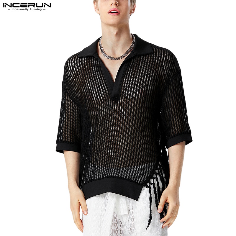 INCERUN Men Vintage Cutout Fringe Solid Color Lapel Short Sleeve Polo ...