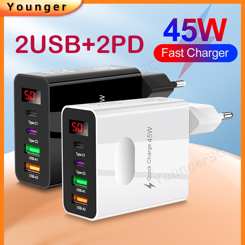 45W Intelligent Digital Display Charger 3.1A 2USB+2PD Fast Charging ...