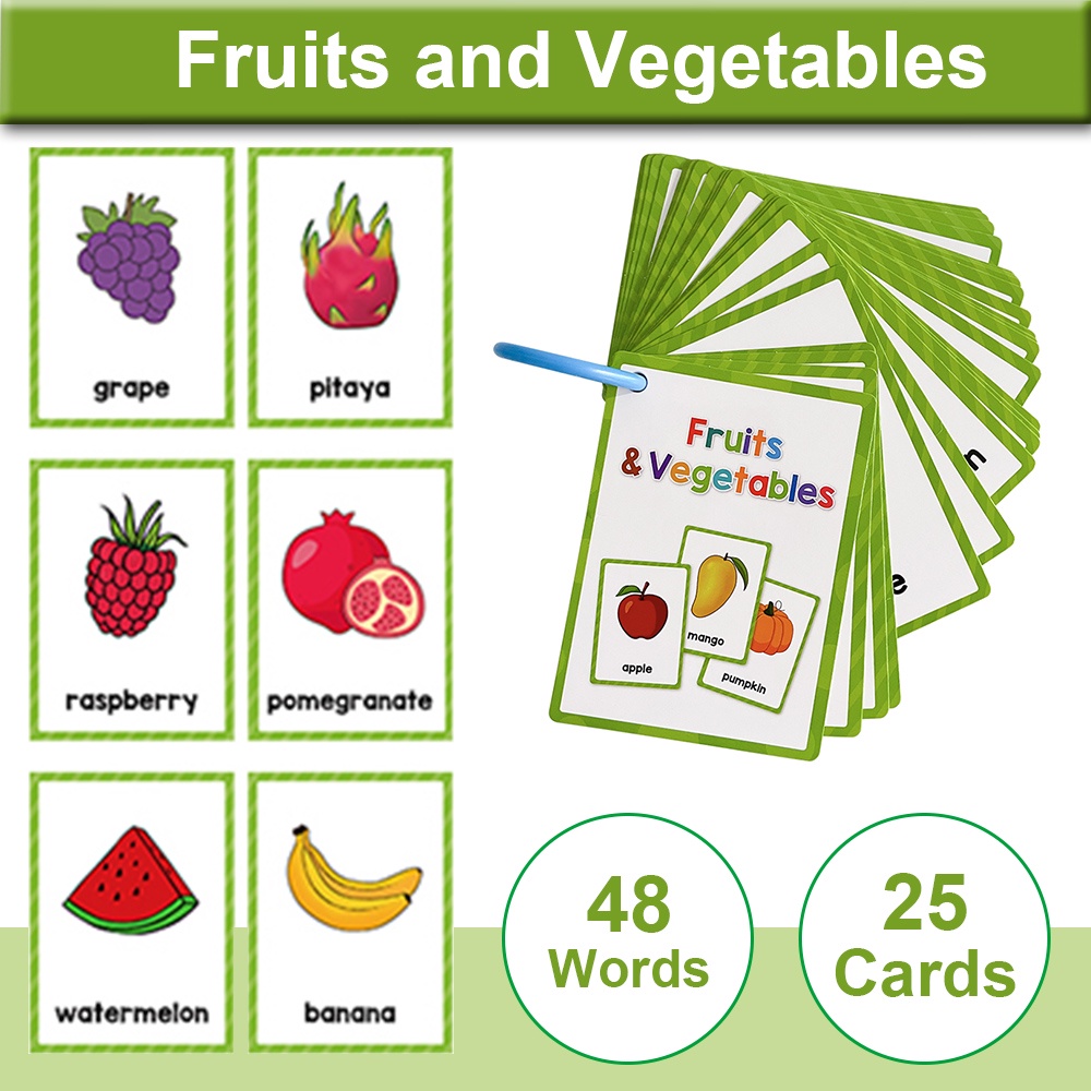 25 Cards Kids Educational Flash Cards Fruits and Vegetables Vocabulary ...