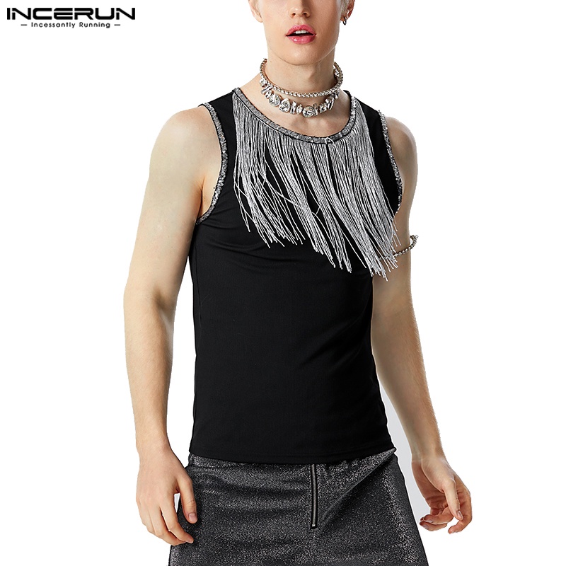 INCERUN Men Vintage Glitter Fringe Sleeveless Round Neck Tanks | Shopee ...