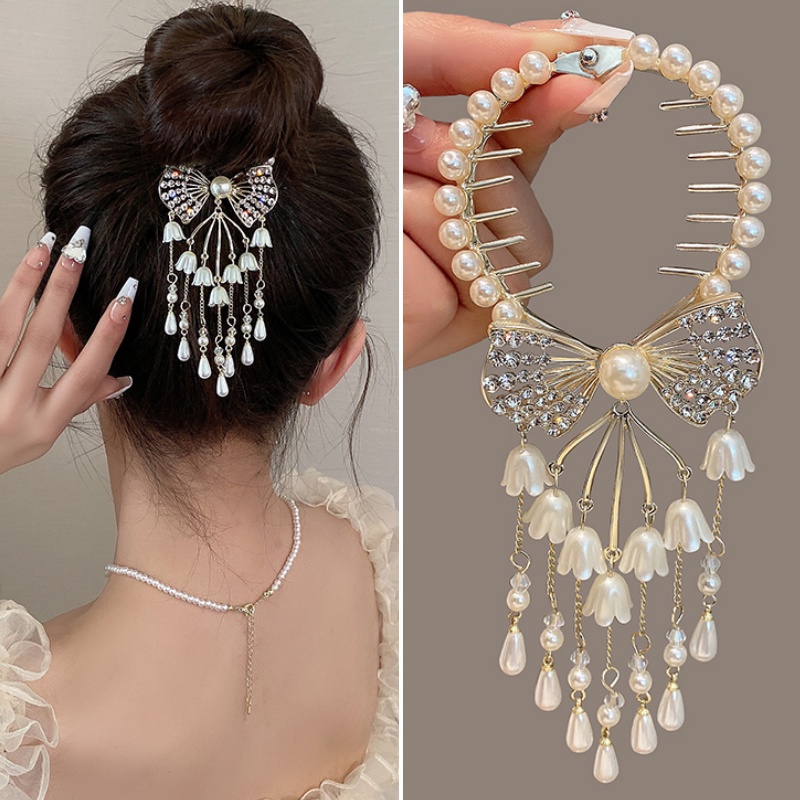 Diamond Bow Pearl Tassel Bun Hair Clip Bun Hairstyle Holder Clip Pearl ...