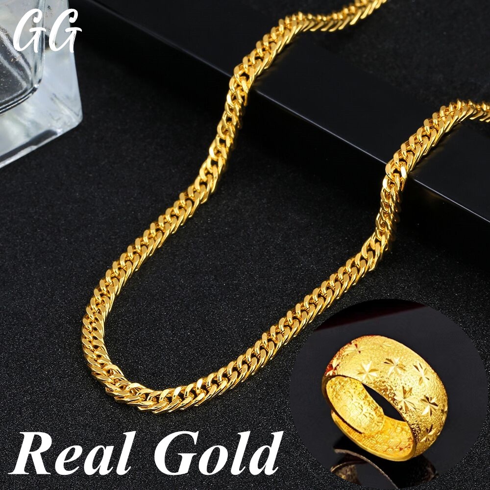 Pure 24K Saudi Gold Pawnable Necklace Men's Gold Domineering Thick ...