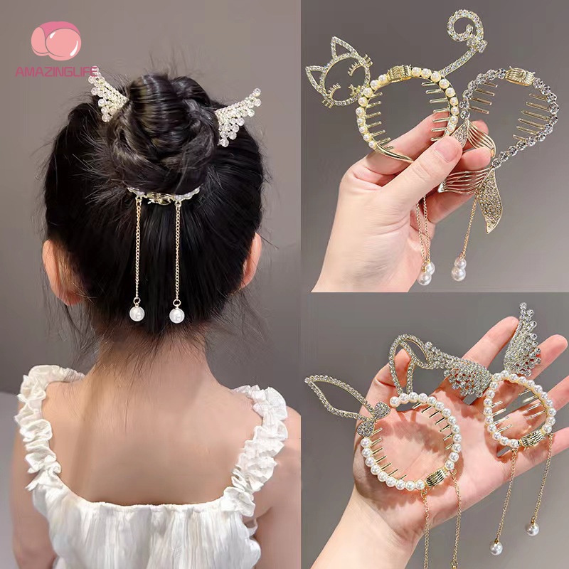 Trendy Pearl Tassel Luxury Rhinestone Wings Rabbit Ear Round Bun Hair ...