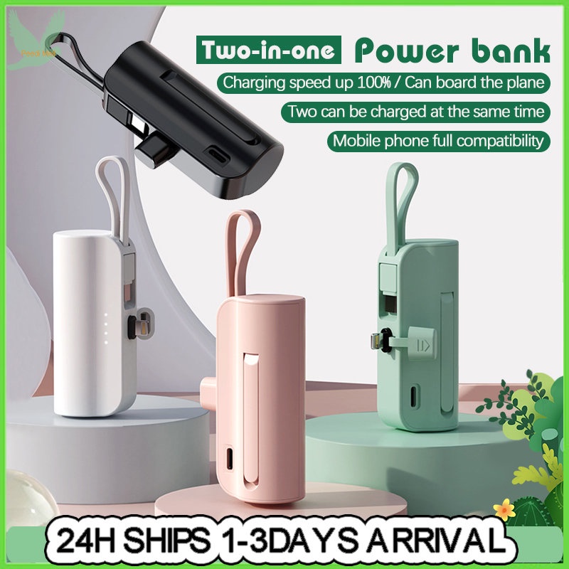 2in1 5000mah Mini Fast Charging Portable Power Bank w/ Built-in Cable ...