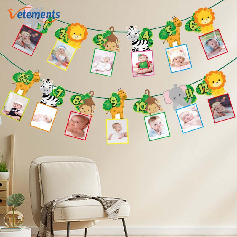 12 Months Baby Birthday Photo Frame Banner/ Cartoon Jungle Animals ...