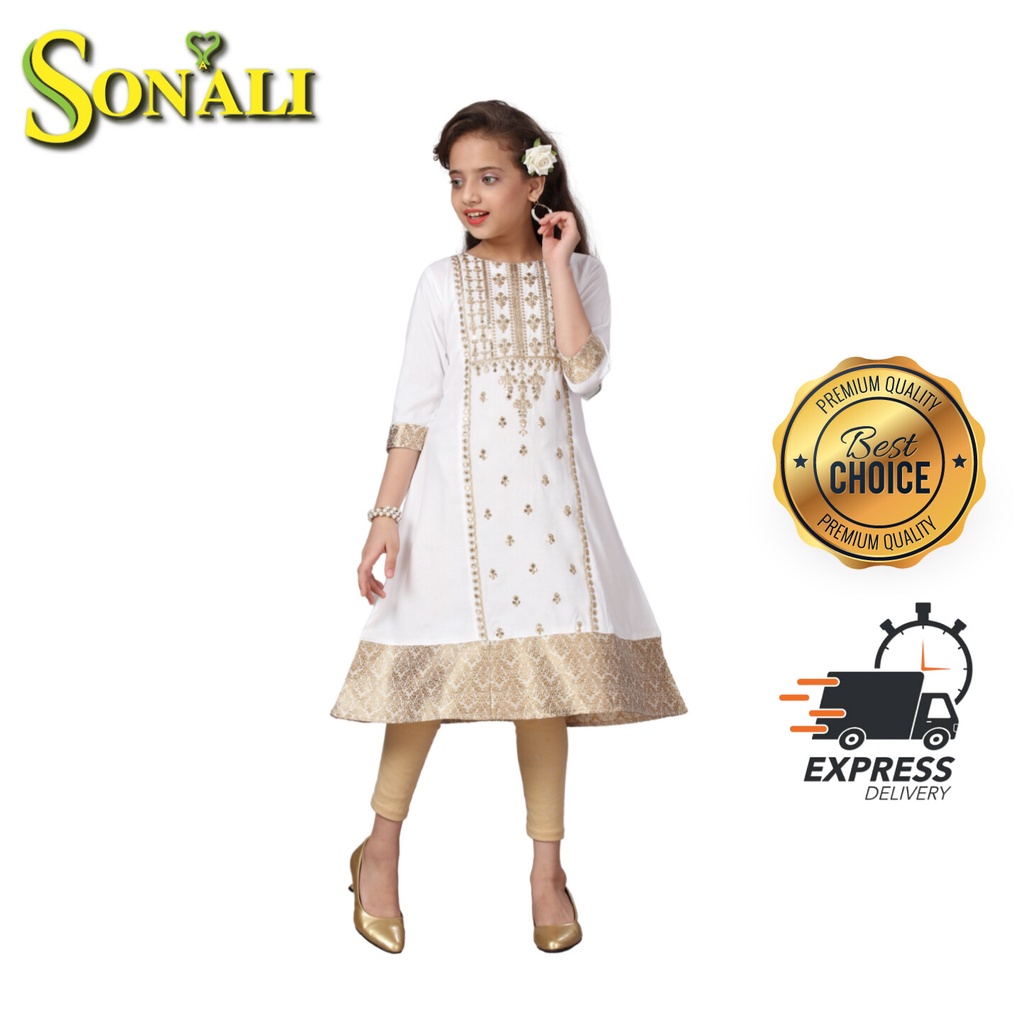 Sonali - Children / Girls Top / Kurti - White with Gold - Q1417 (GIRLS) | Shopee Philippines