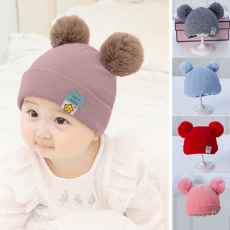 Baby Ear Guard Ball Cap Boy and Girl Hats Solid Color Labelled Knitted ...