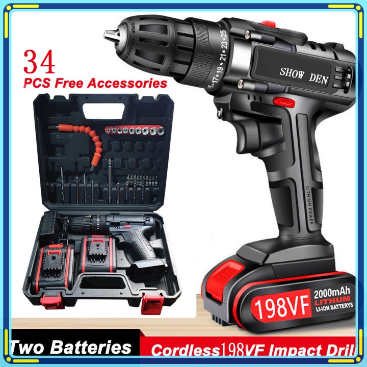 198vf Cordless Drill Double Speed Li Ion Battery Rechargeable Driver