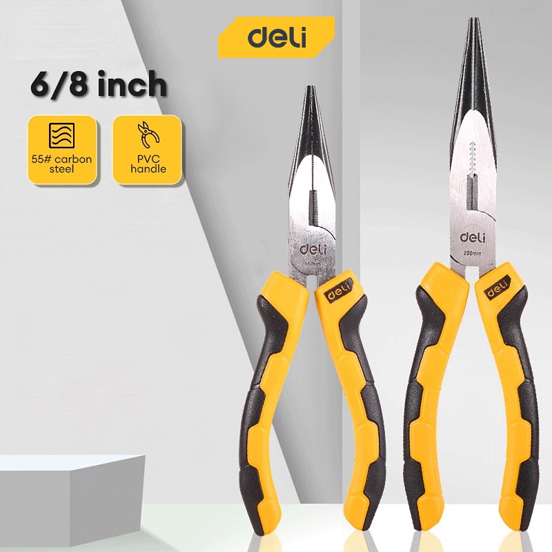 Deli Tool 6"/8"Long Nose Plier High Carbon Steel Neddle Nose Plier PVC Two-color Handle | Shopee ...