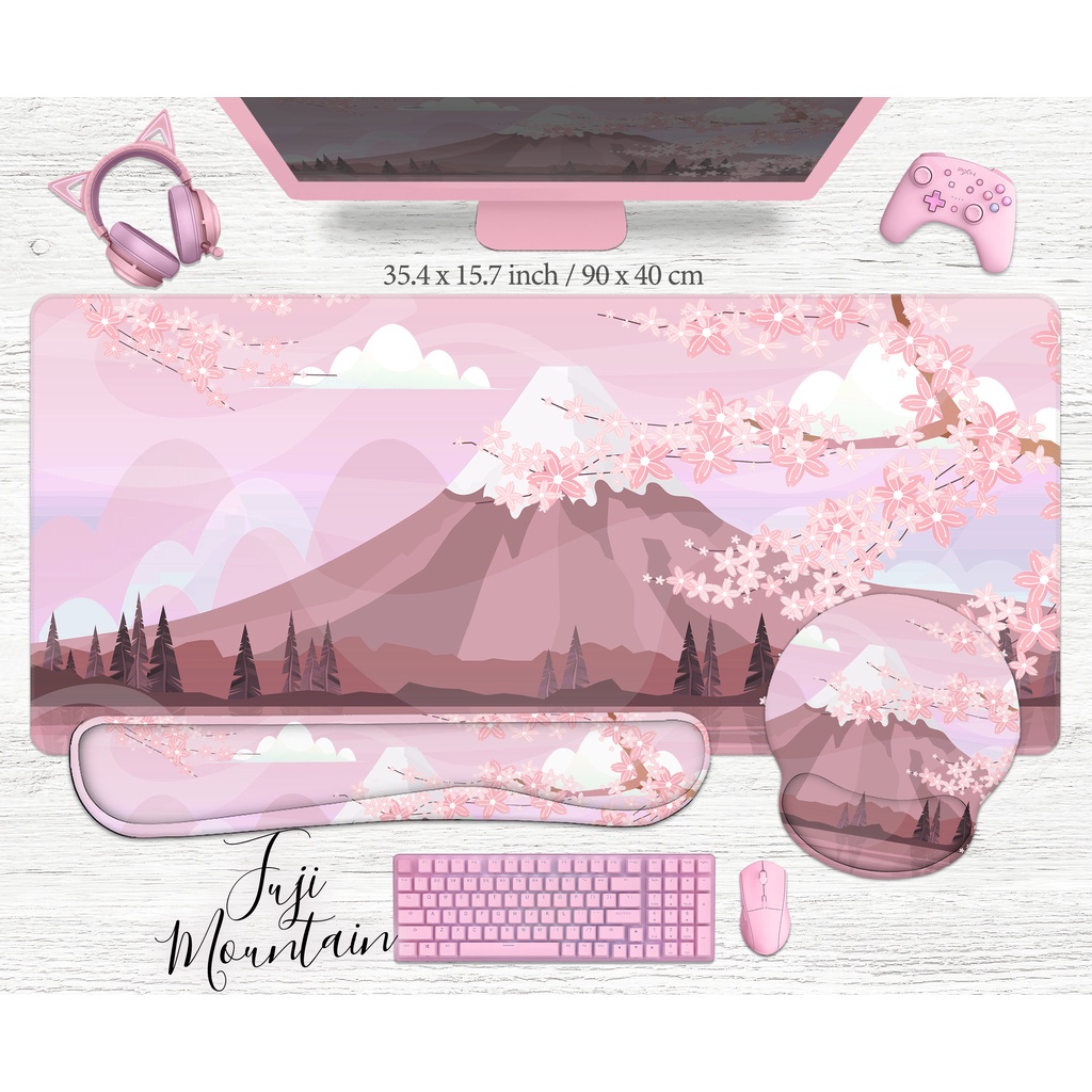Japanese Pink Deskmat Fuji Mountain Sakura Mouse Pad, cherry blossom ...