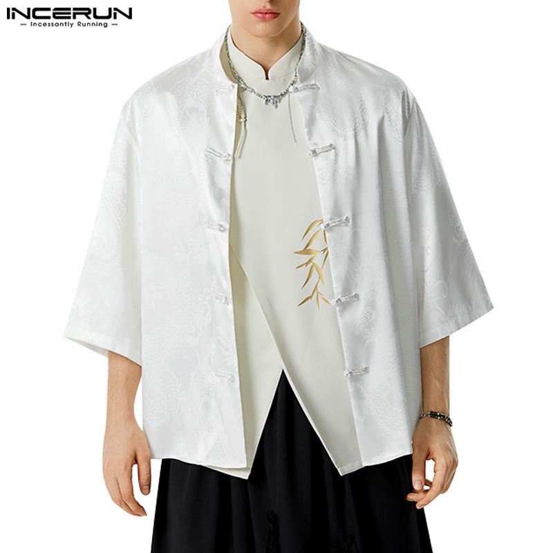 INCERUN Men Chinese Style Plate Button Jacquard Dragon Figure Half ...