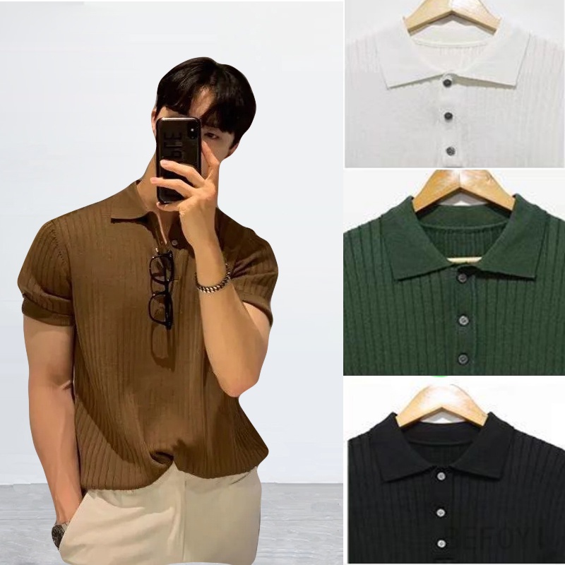 Korean Fitted Polo for Men Knit Fabric Loose Casual Short Sleeved ...