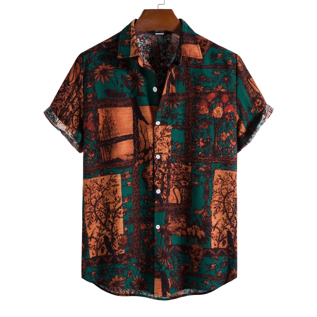 Mens Shirt Cross Border New Mens Fashion Trend Cotton Linen Printed