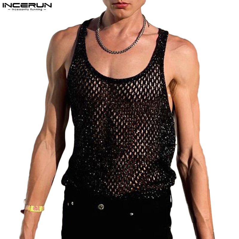 INCERUN Men Vintage Cut-Out See-Through Gold And Silver Thread Tanks ...