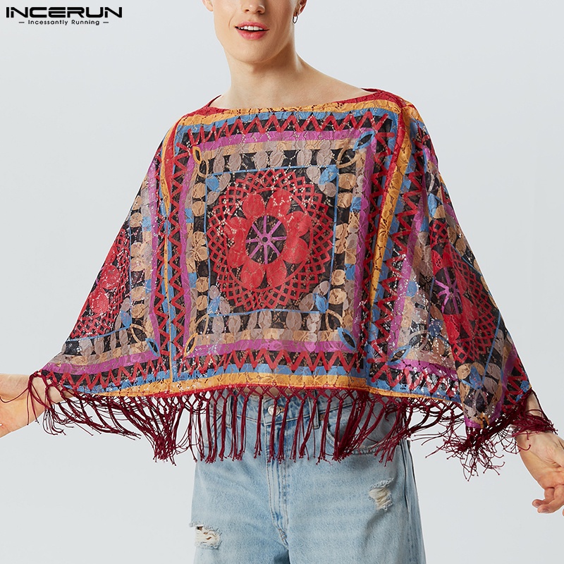 INCERUN Men Vintage Windowpane Flower One-Shoulder Fringe Long Sleeves ...