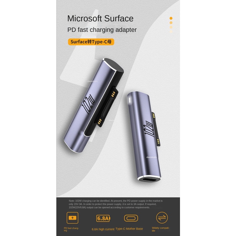 102W 6.8A PD Fast Charging Plug Converter for Microsoft Surface Pro X 8 ...
