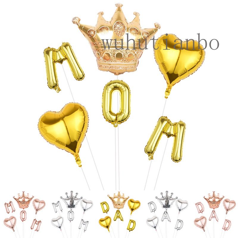 6Pcs Mothers Day Fathers Day Crown Heart Letter Foil Balloons ...