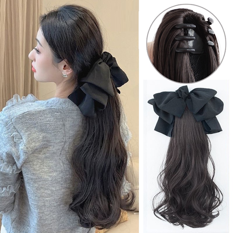 45cm Big Curly Hair Ponytail Mini Claw Clip Ponytail Wig with Bow ...