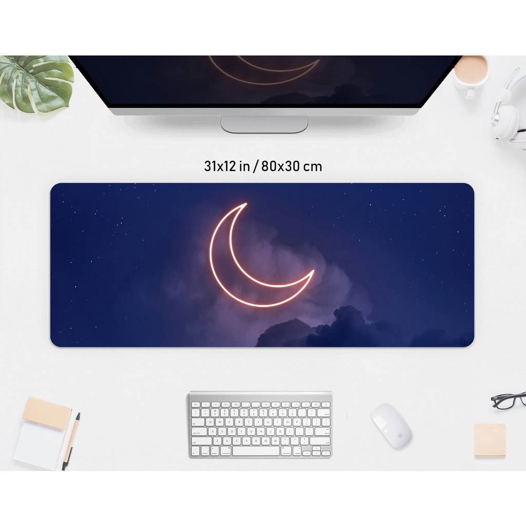Moon desk mat mousepad, purple blue night sky with stars, Crescent moon ...