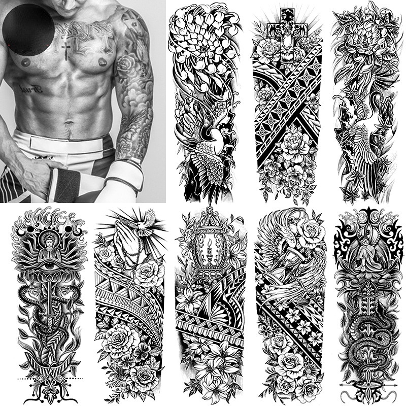 Black Full Arm Tattoo Sticker Jesus Virgin Crown Lion Waterproof ...