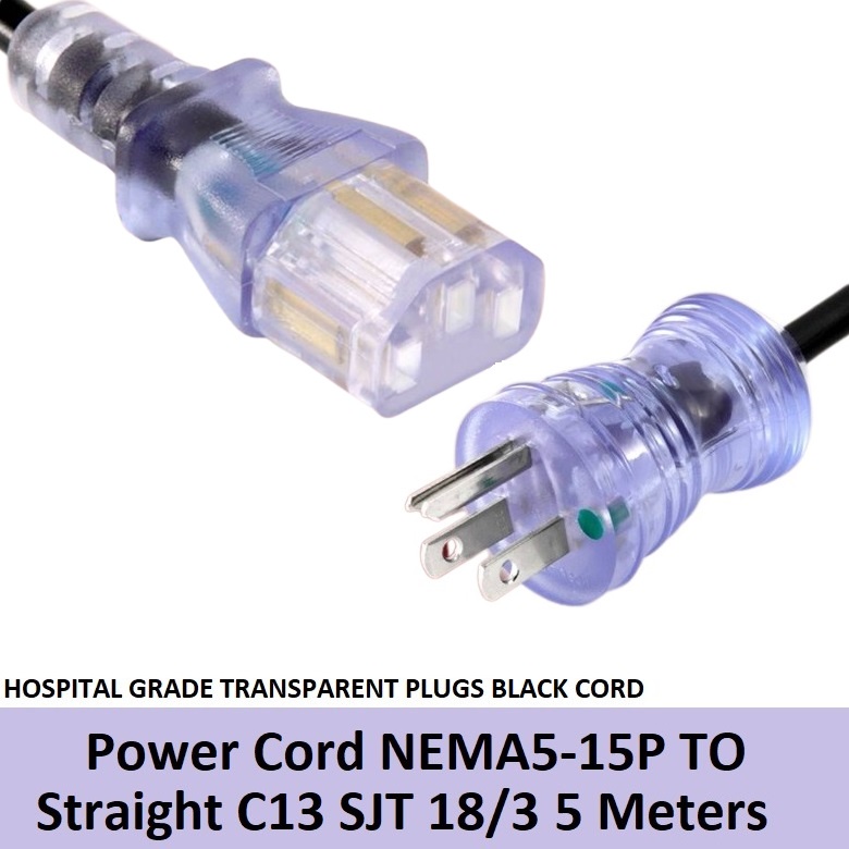 Power Cord NEMA5-15P To Straight C13 18/3 5M Hospital Grade Transparent ...