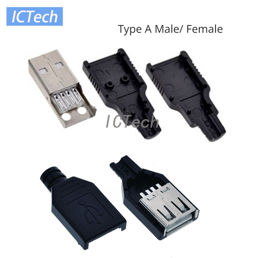 10pcs Type A Male Female Usb 4 Pin Plug Socket Connector With Black Plastic Cover Adapter