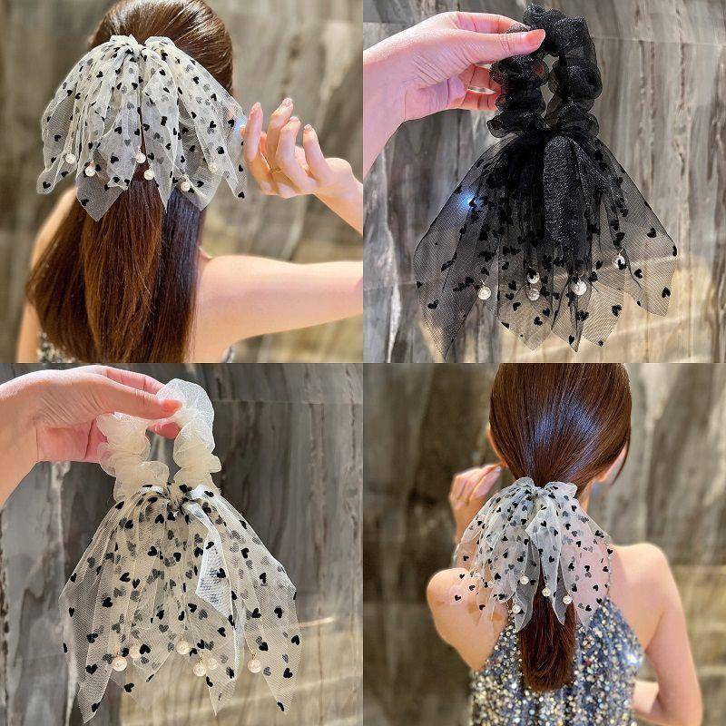 Mesh Polka Dot Pearl Hair Ring Streamer Tie Hair High-value Head Rope ...