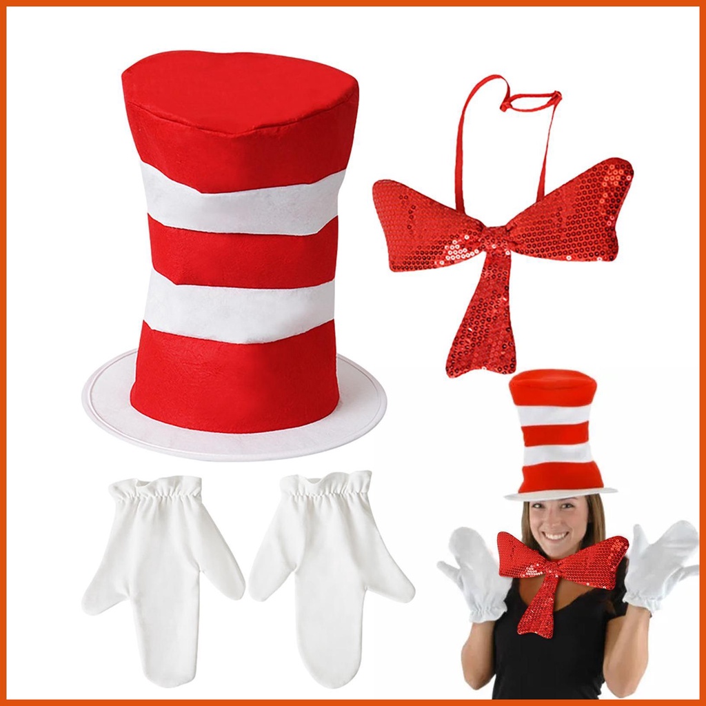 Doctor Seuss Cosplay Costume Hat Bowtie Gloves Halloween Carnival Party ...