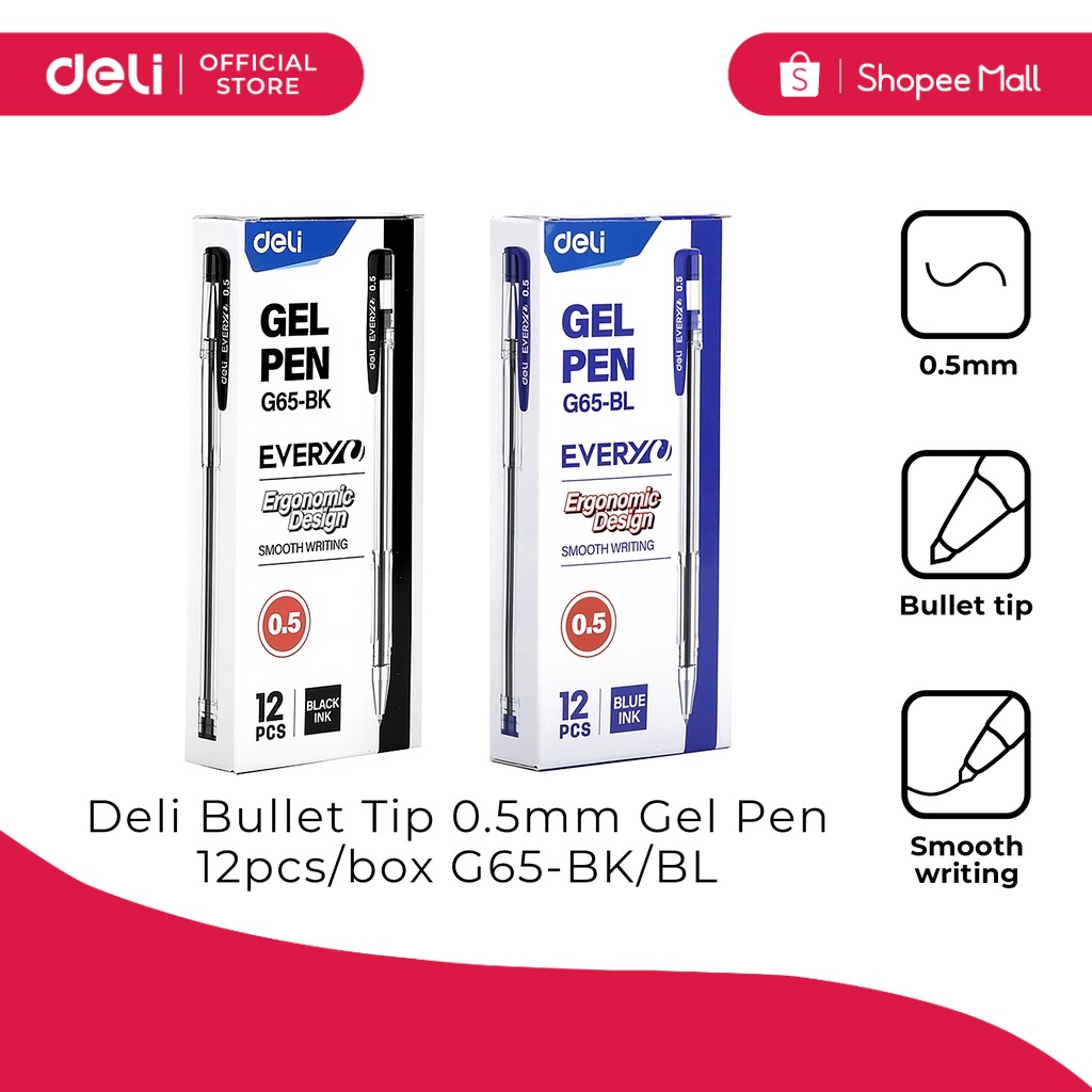 Deli G65-BK/BL Bullet Tip 0.5mm Gel Pen 12pcs/ box [79G65-P12] | Shopee Philippines