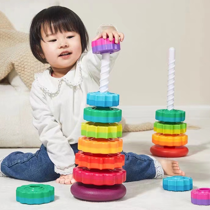 Children Rainbow Stacking Tower Toy Baby Stacking Circle Fun Building ...